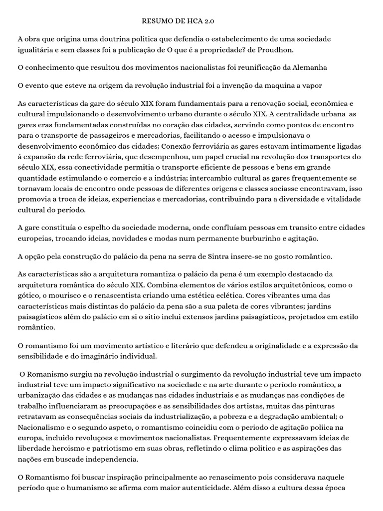 RESUMO HCA 2.0 | PDF | Impressionismo | Romantismo