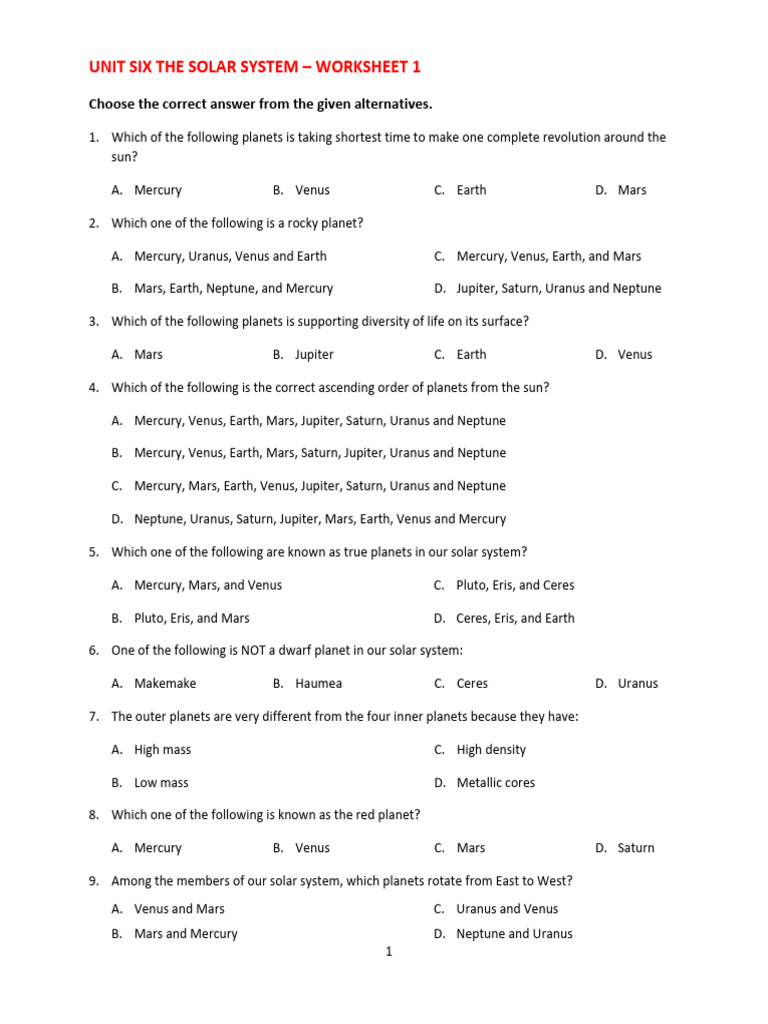 Grade 8 Solar System Worksheet | PDF | Planets | Solar System