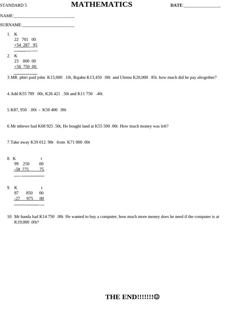 Standard 5 Mathematics Date | PDF