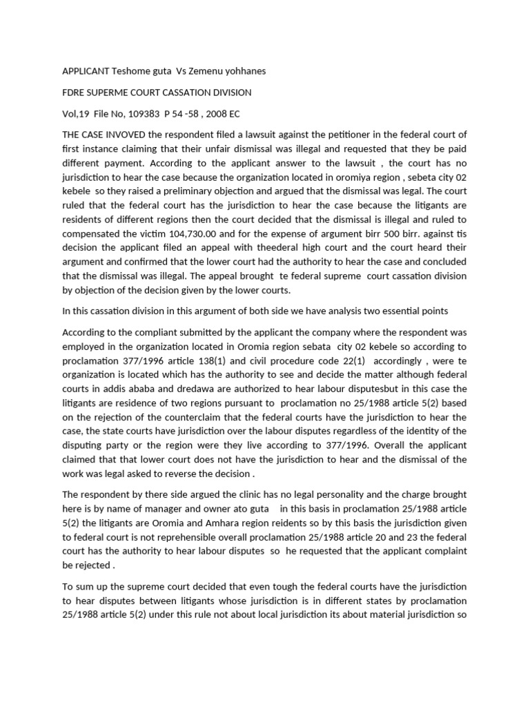 APPLICANT Teshome Guta Vs Zemenu Yohhanes | PDF | Lawsuit | Federal ...