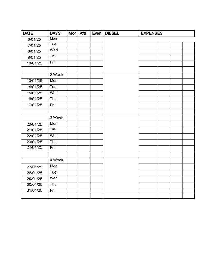 Diesel Expense Tracking Calendar | PDF