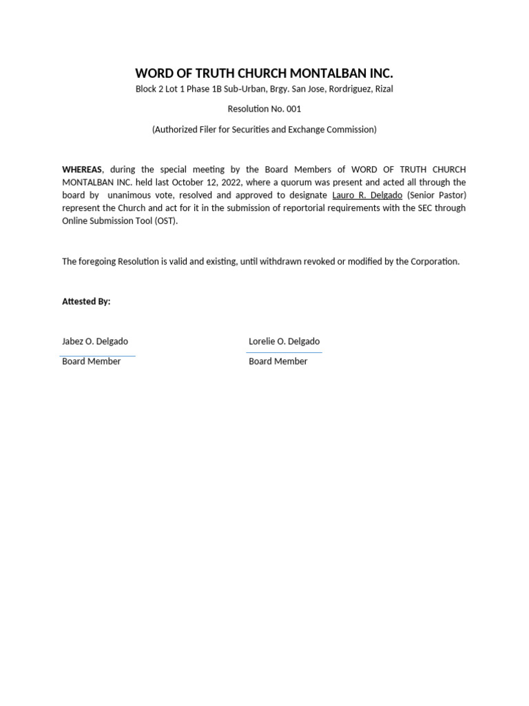 SEC Filing Authorization Resolution | PDF