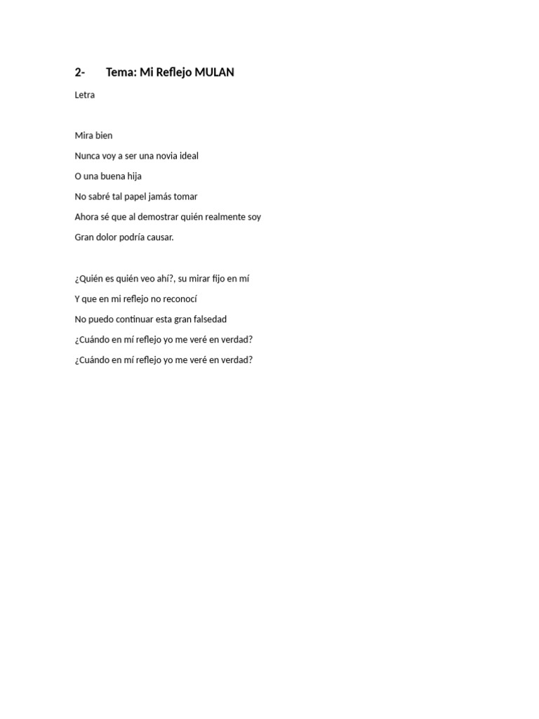 Mi Reflejo Letra Mulan | PDF