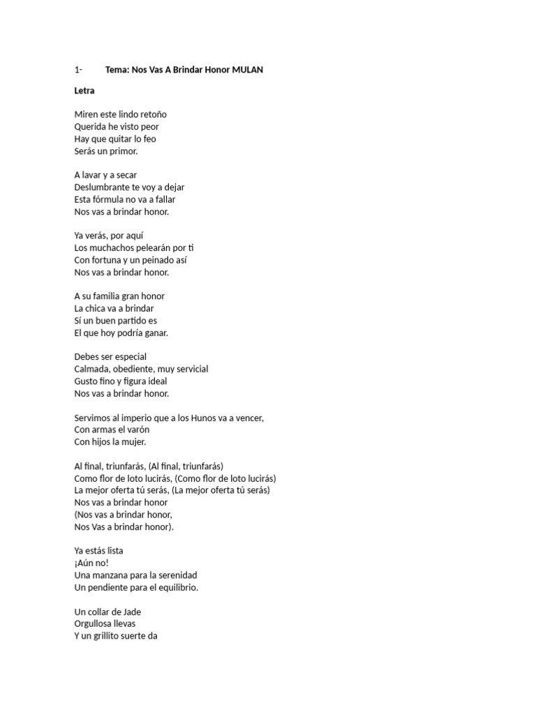 Nos vas a brindar Honor Letra MULAN | PDF
