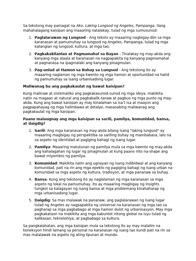 Sa Tekstong May Pamagat Na Ako Laking Lungsod NG Angeles | PDF