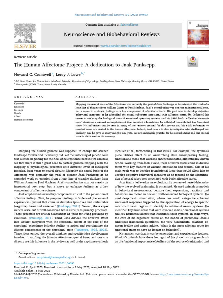 Dedication To Jaak Panksepp | PDF | Emotions | Affect (Psychology)