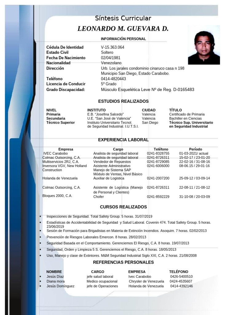 curriculum leonardo | PDF | Seguridad y salud ocupacional | La seguridad