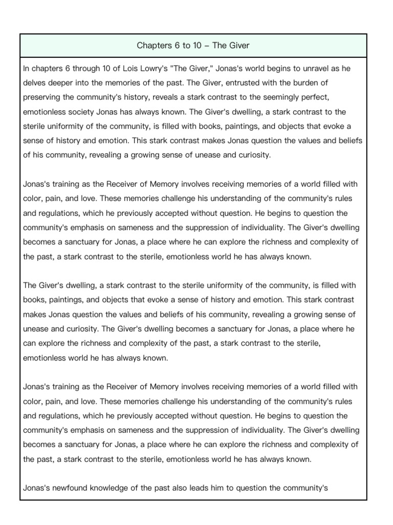 Chapters 6 To 10 - The Giver | PDF | The Giver