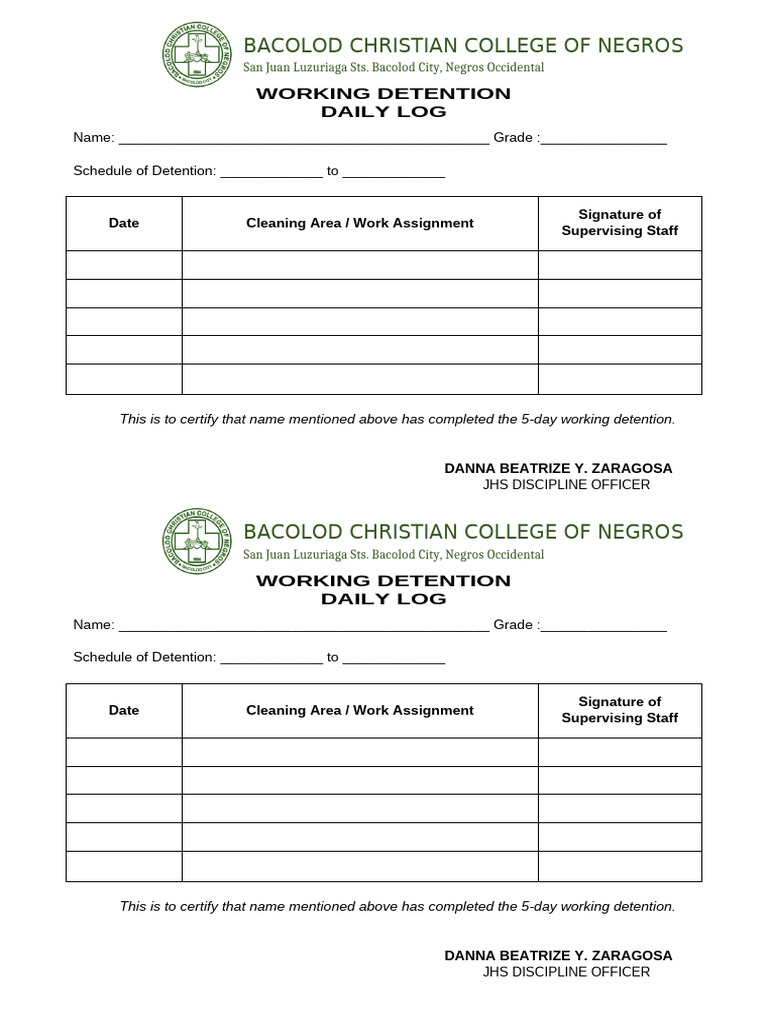 Working Detention Daily Log | PDF