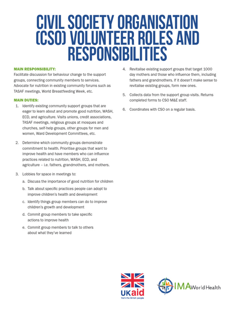 Civil Society Organisation (CSO) Volunteer Roles and Responsibilities | PDF