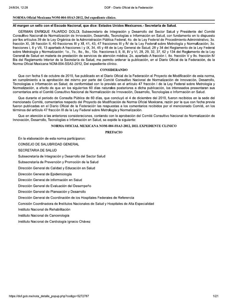 NORMA Oficial Mexicana NOM-004-SSA3-2012, Del Expediente Clínico. | PDF
