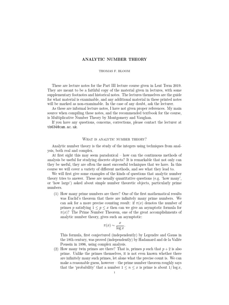 Analytic Number Theory | PDF | Prime Number | Number Theory