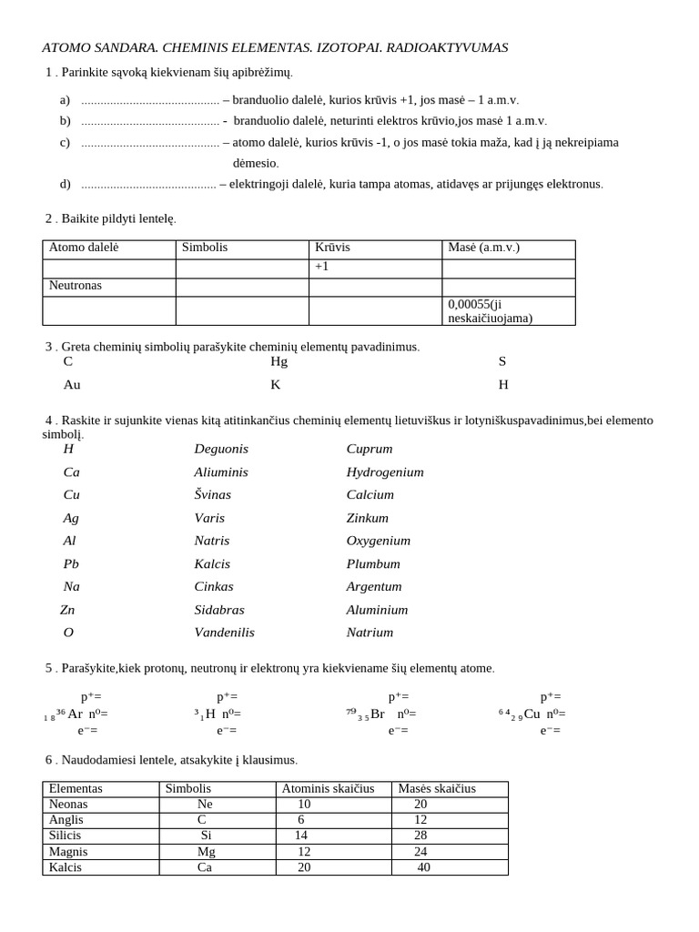 Atomo Sandara. Cheminis Elementas - Izotopai.radioaktyvumas | PDF