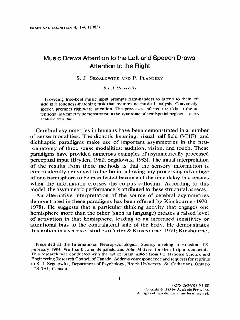Segalowitz 1985 B+C.Music Draws Attention To The Left and Speech Draws ...