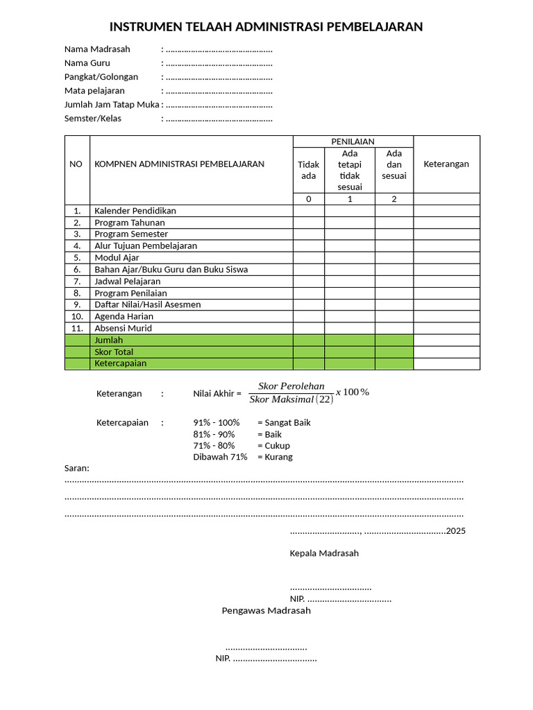 INSTRUMEN TELAAH ADMINISTRASI PEMBELAJARAN | PDF