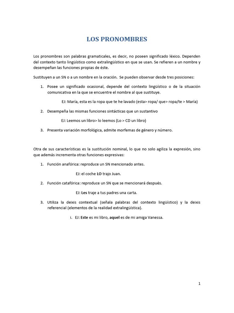Clasificación y funciones de los pronombres | PDF | Pronombre | Gramática