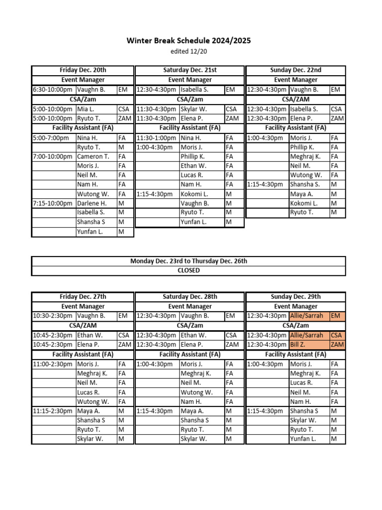 Winter Break Schedule 2024 2025 9 | PDF