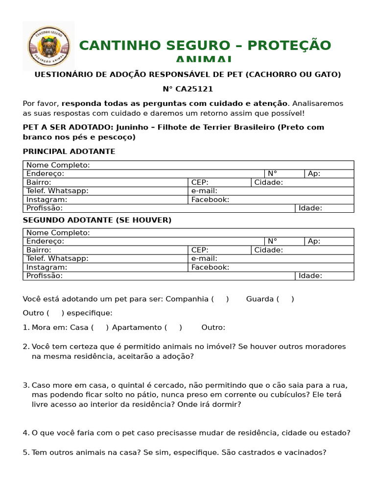 Questionário de Adoção Responsável de Pet | PDF | Cães | Gatos