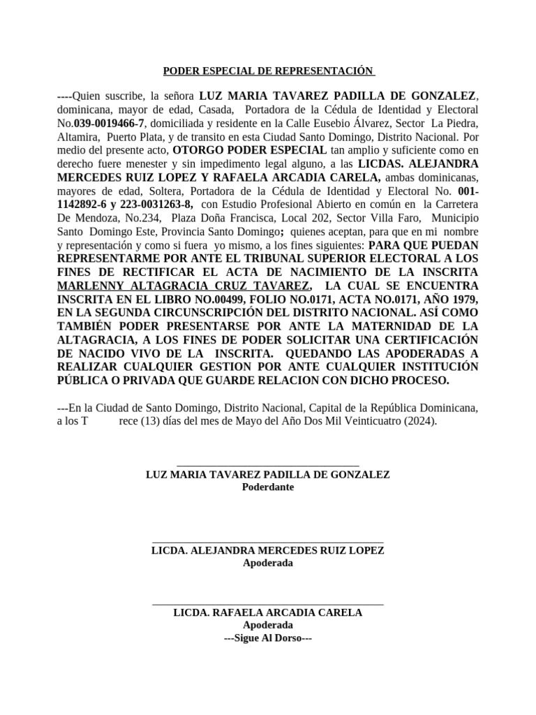 Poder Especial Luz Maria Tavarez Rectificacion de Acta | PDF ...