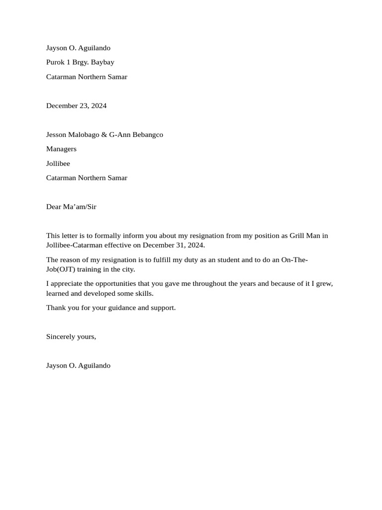 Resignation Letter from Jollibee Employee | PDF