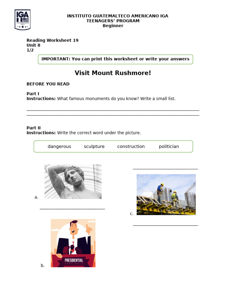 Mount Rushmore Reading Worksheet | PDF