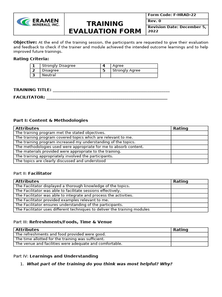 Training Evaluation Form Template | PDF | Facilitator | Evaluation