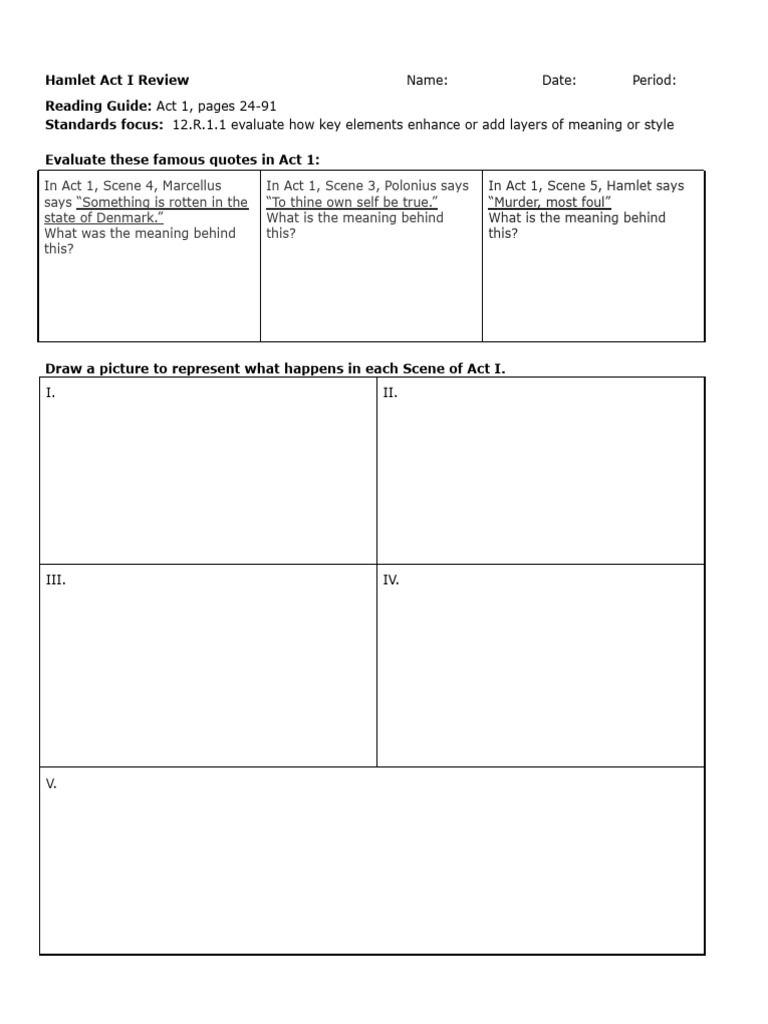 Hamlet Act I Quotes and Analysis Guide | PDF