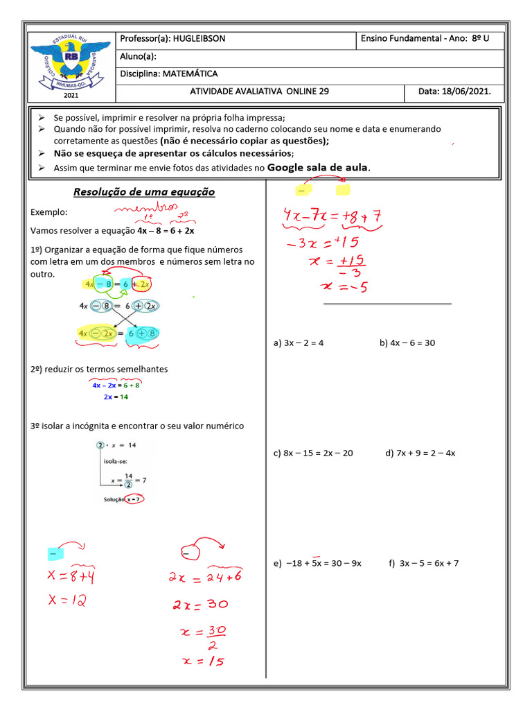 Atividade Matemática - 8º Ano (Com Exemplos) | PDF