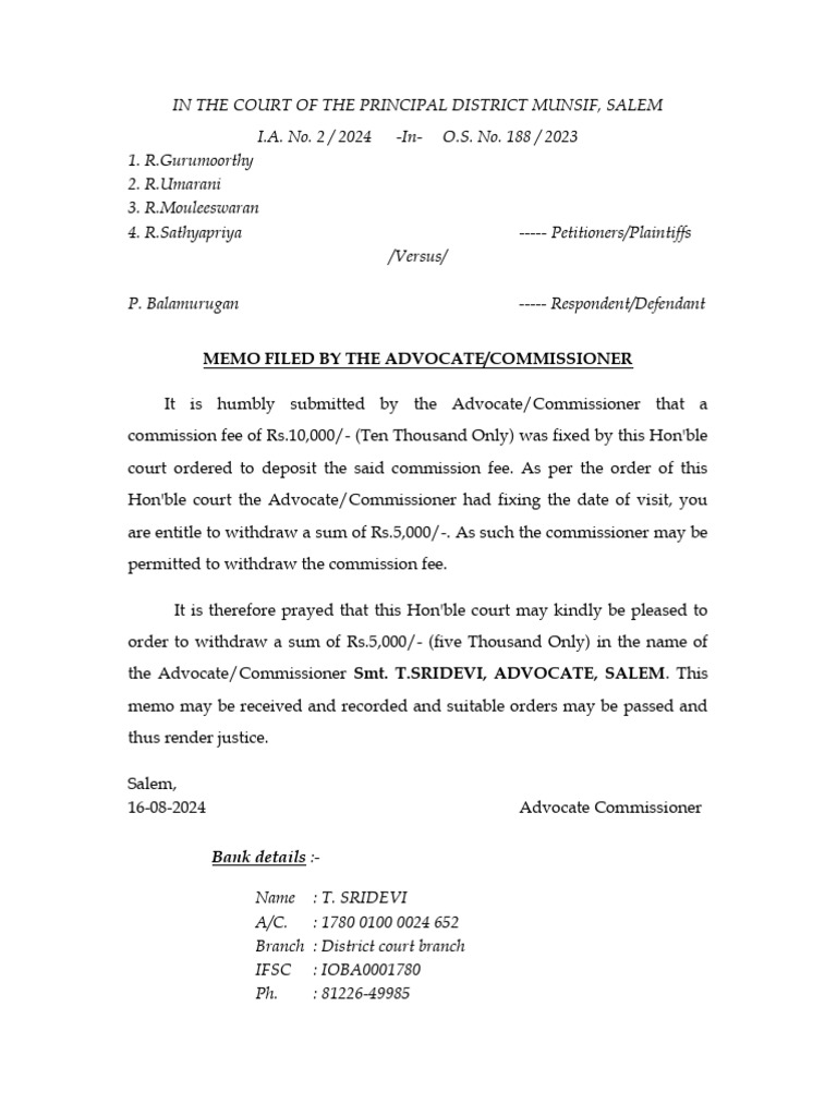 Advocate Memo for Commission Fee Withdrawal | PDF | Judiciaries ...