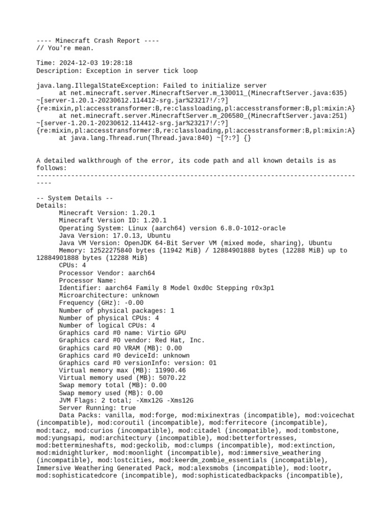 Minecraft Server Crash Report 1.20.1 | PDF | Java (Programming Language) | Central Processing Unit