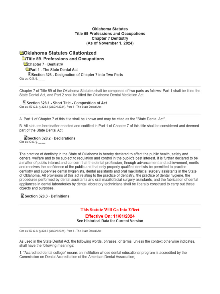 Oklahoma Statutes 11-1-2024 | PDF | Dentistry | Dentist