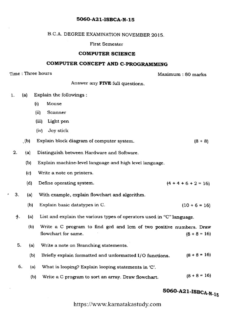 Bca 1 Sem Cs Computer Concept and C Programming 5060 Nov 2015 | PDF