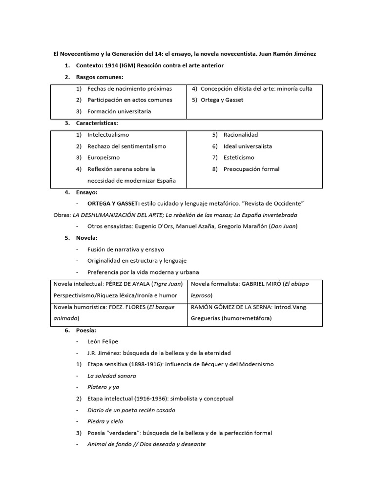 Esquema El Novecentismo y la Generación del 14 | PDF