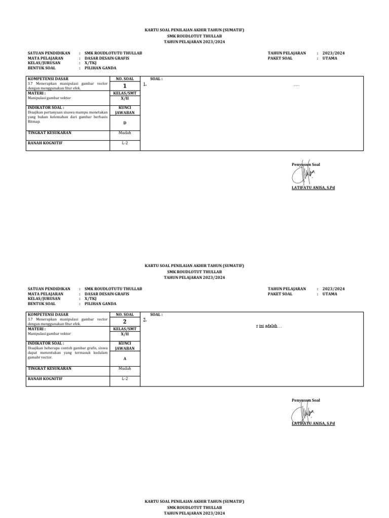 Kartu Soal DDG Kelas X Pat 2023-2024 | PDF