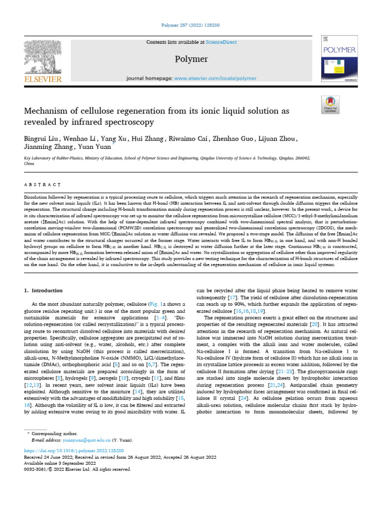 Mechanism of Cellulose Regeneration From Its Ionic Liquid Solution As Revealed by Infrared ...