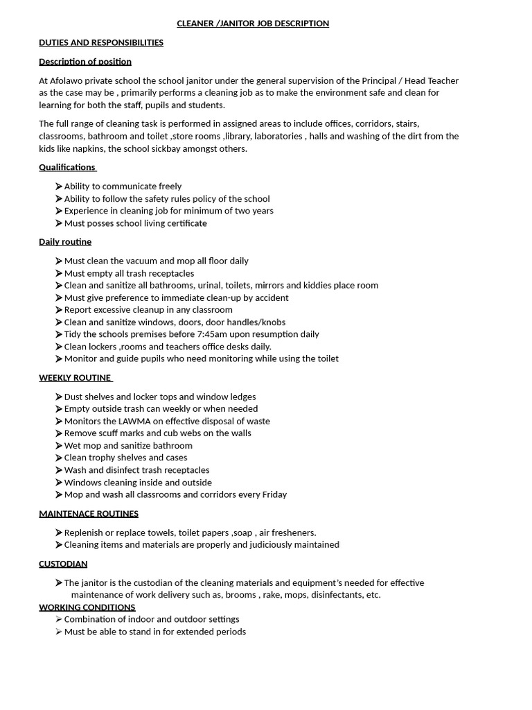 Janitor Job Description at Afolawo School | PDF