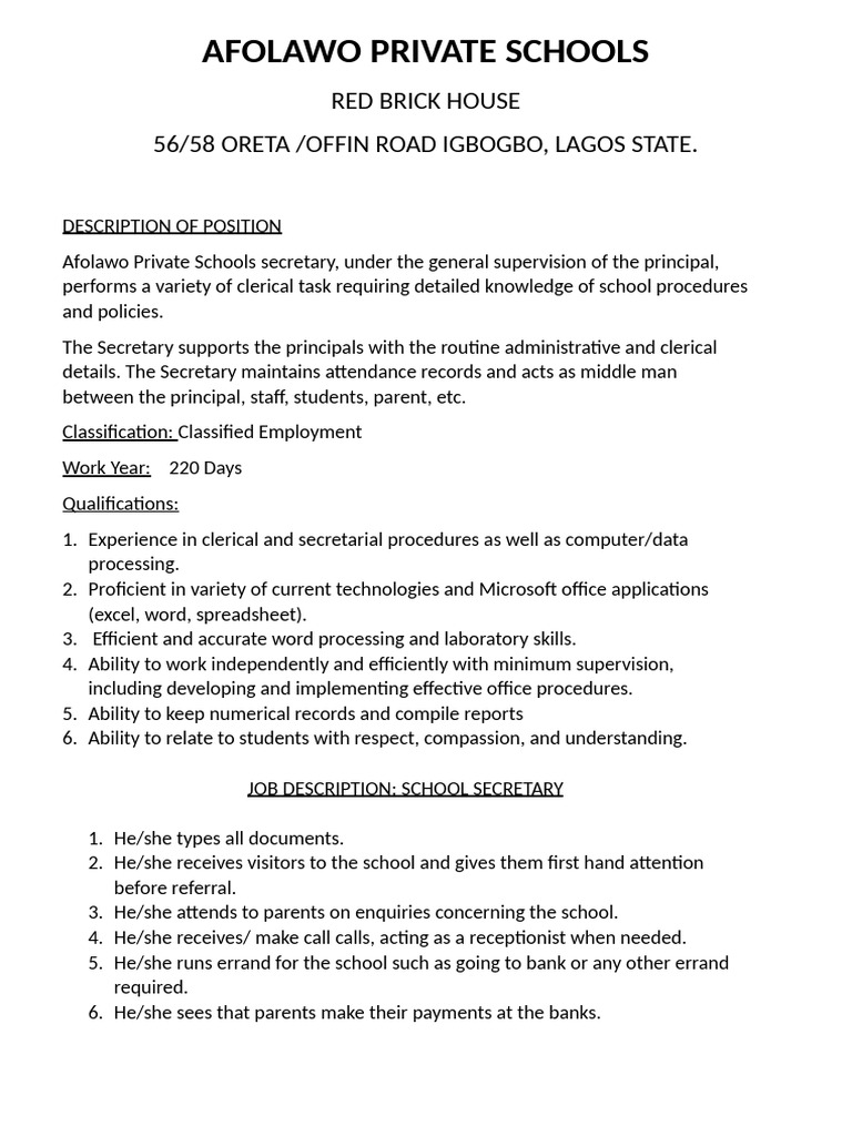 Afolawo Private Schools Secretary Role | PDF | Secretary