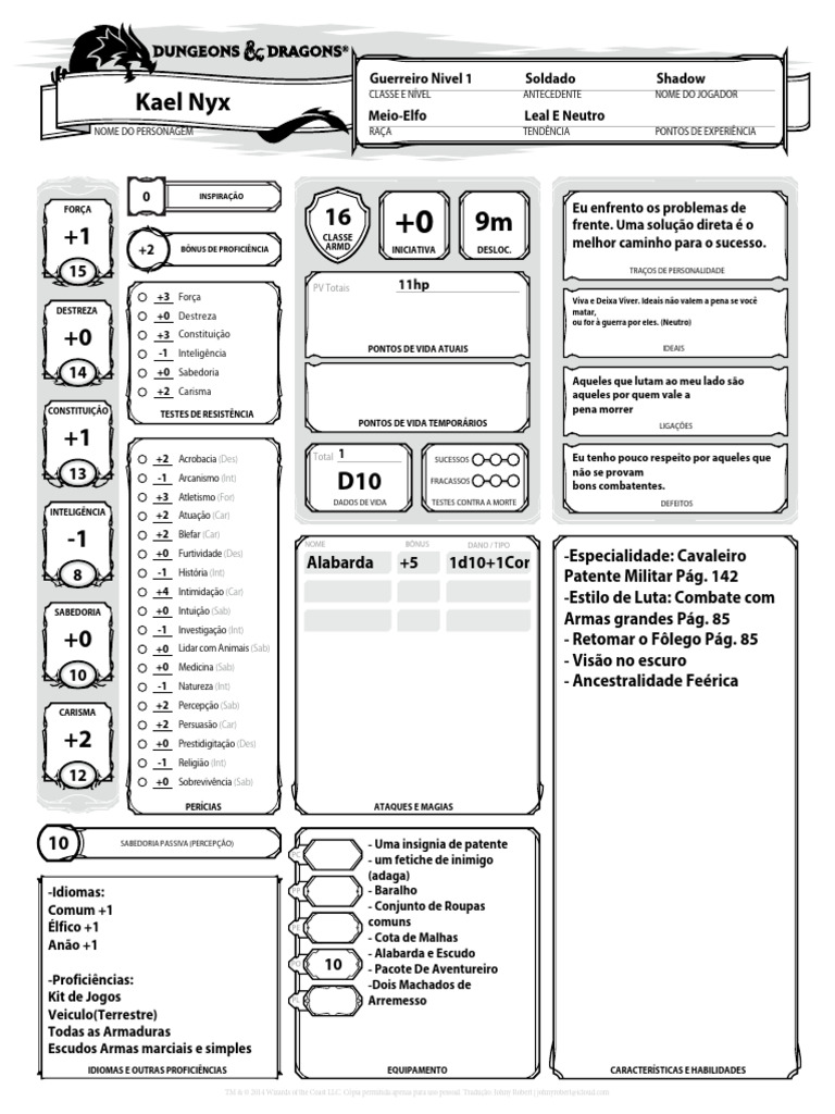 Ficha Kael Nyx - Guerreiro (Shadow) | PDF