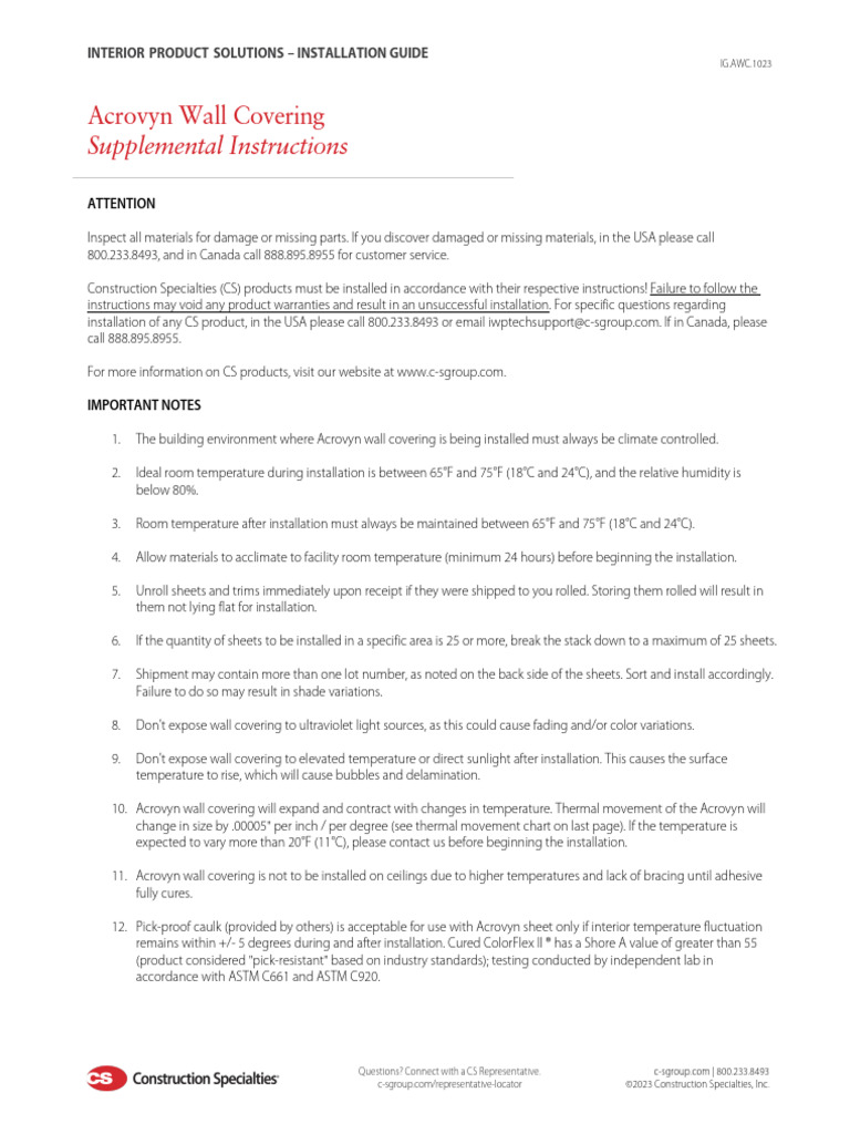 Acrovyn Wall Covering Installation Guide IG AWC | PDF | Adhesive | Drywall