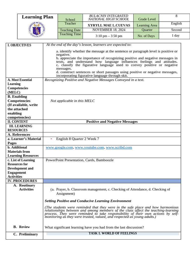 Demo For g8 Sampaguita - Final Lesson Plan | PDF | Learning | Body Language