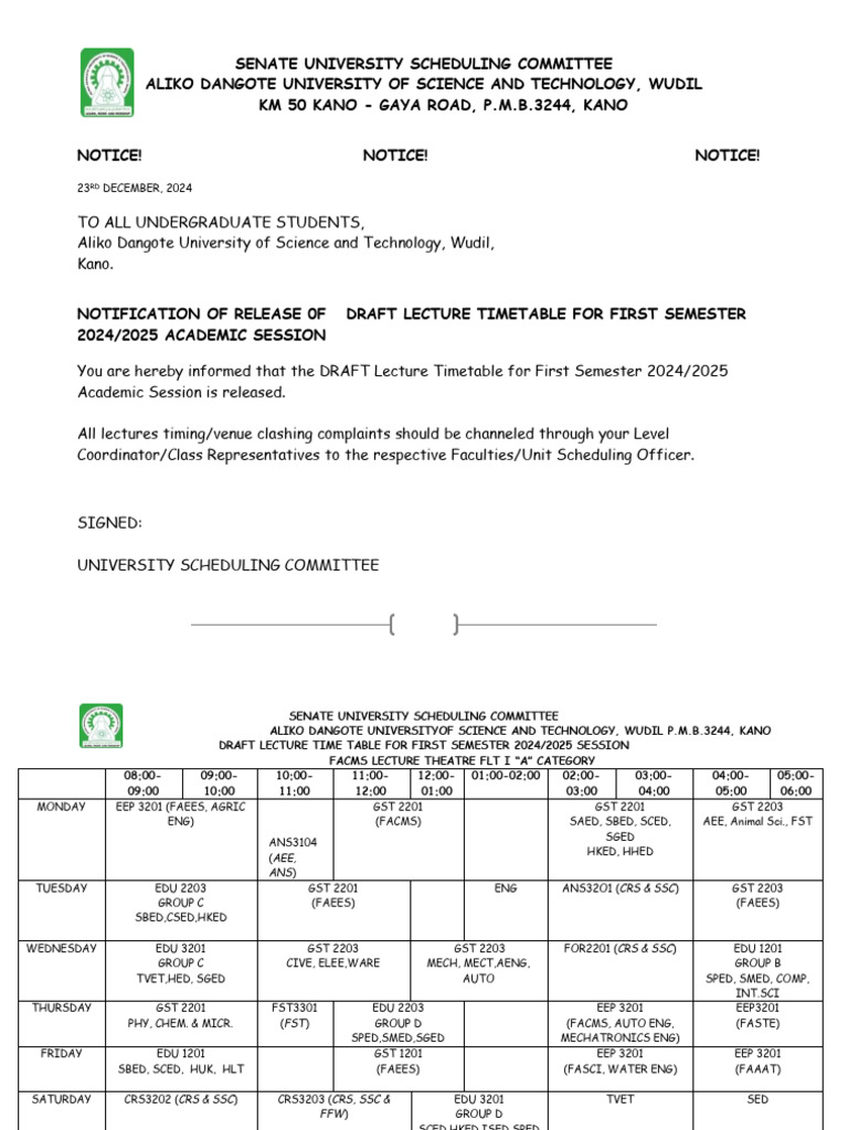 2024-2025 Firts Sem DRAFT Lecture Timetable | PDF | Natural Sciences | Science