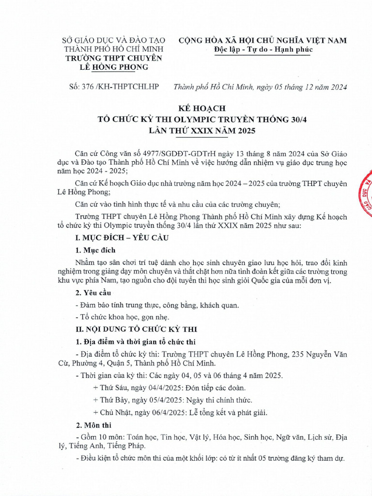 Ke Hoach To Chuc Ky Thi Olympic Truyen Thong 30-4 Lan Thu Xxix-Nam 2025 | PDF