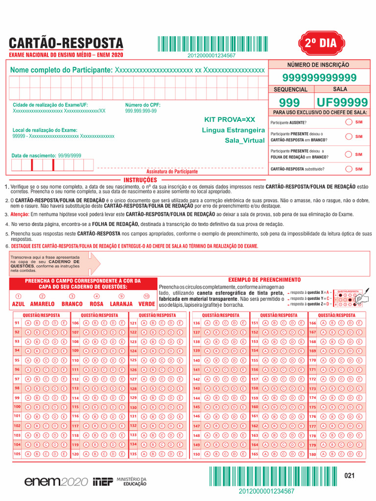 Cartao Resposta 2º Dia ENEM - Nat Mat | PDF