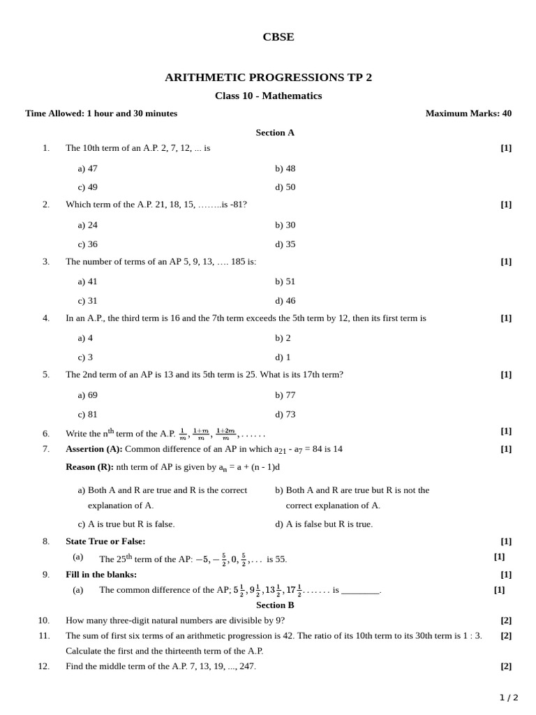 Arithmetic Progressions TP 2 (nth Term of an AP ) | PDF | Arithmetic | Mathematics