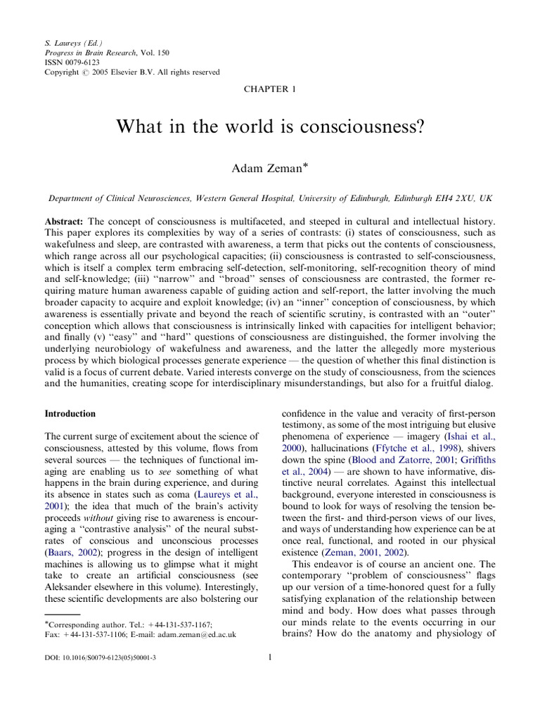 Zeman 2005 Prog BR Res. What in The World Is Consciousness | PDF | Consciousness | Awareness