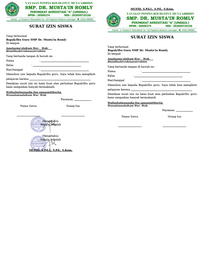 Surat Izin Siswa | PDF