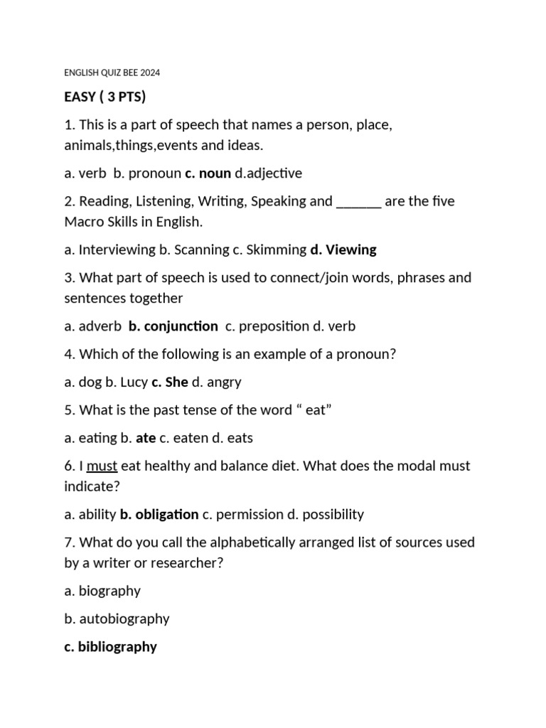 ENGLISH QUIZ BEE 2024 | PDF