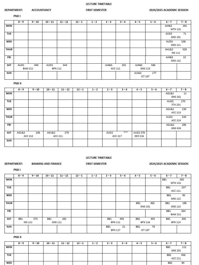School of Part Time Studies First Semester Lecture Timetable 2024 2025 Academic Session. | PDF