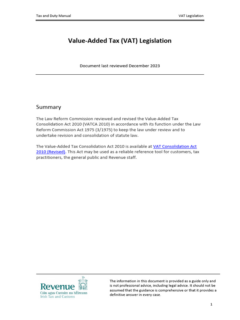 VAT Consolidation Act 2010 Overview | PDF