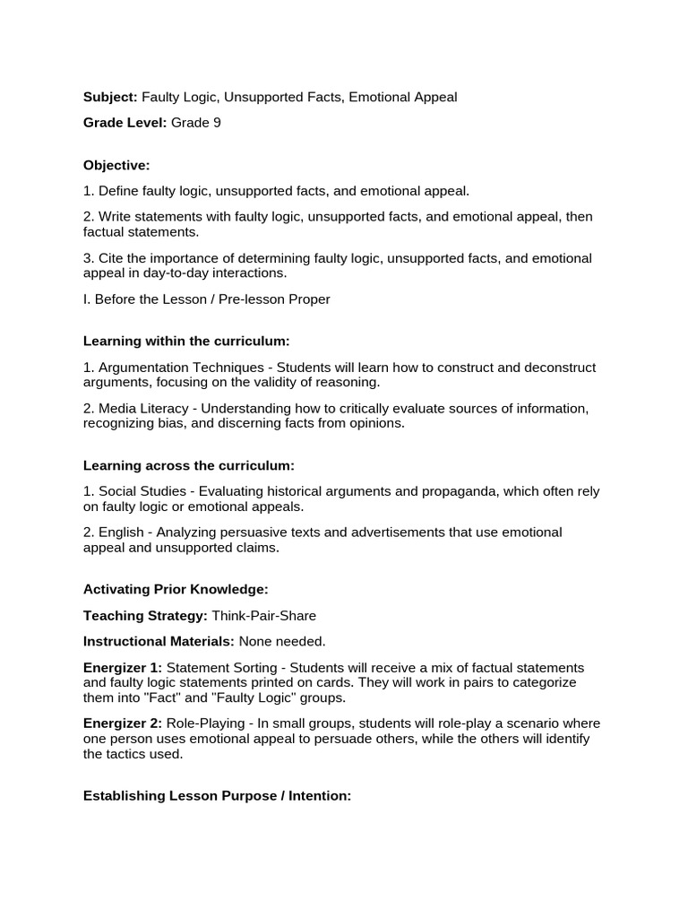 Lesson - Plan FAULTY LOGIC | PDF | Fallacy | Critical Thinking